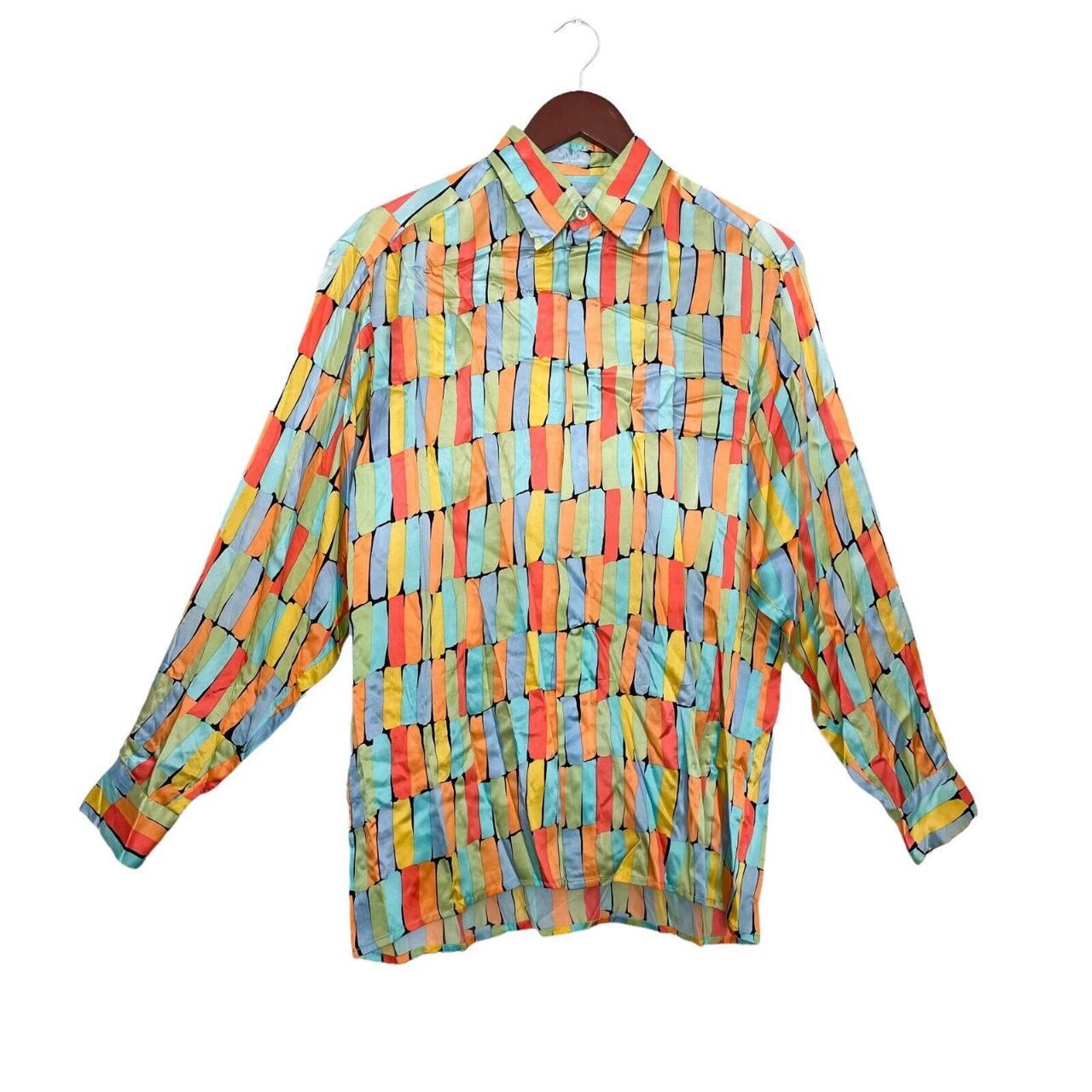 Vintage Genelli 100% Silk Dress Shirt Multi-Color... - Depop