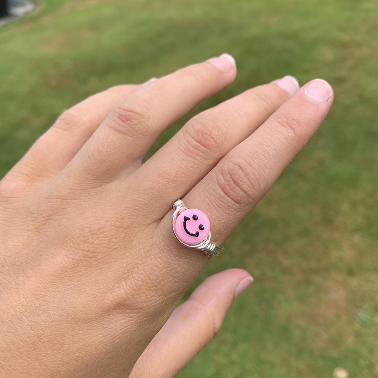 💘handmade pink smiley face charm wire wrap ring... - Depop
