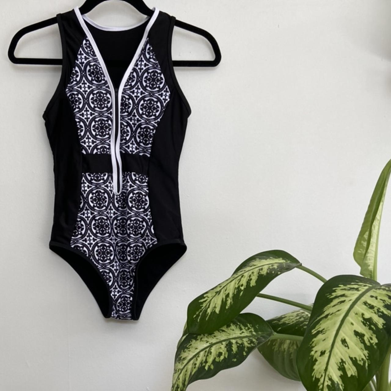 Zipper full coverage swimsuit with black & white... - Depop