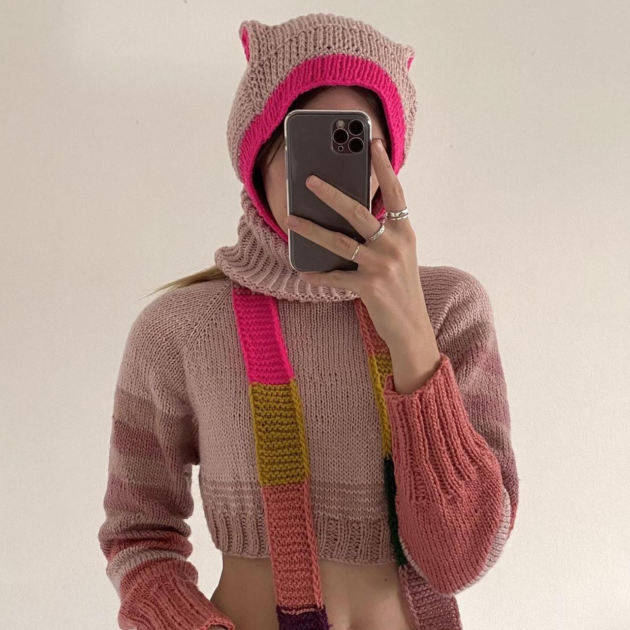🤎💗 Cute pink hand knitted balaclava with pink cat... - Depop