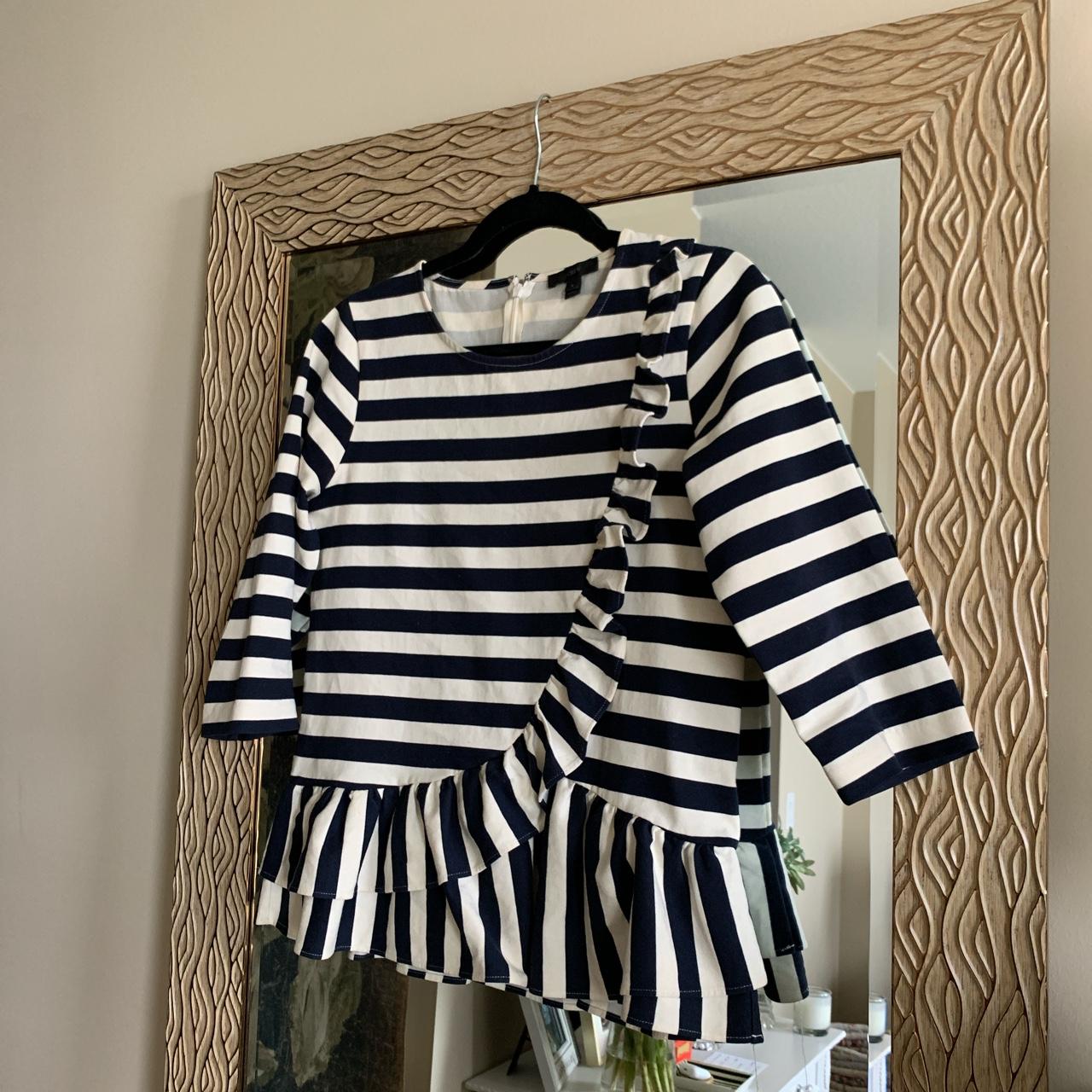 Cute J. Crew ruffle top! Navy and cream stripes.... - Depop