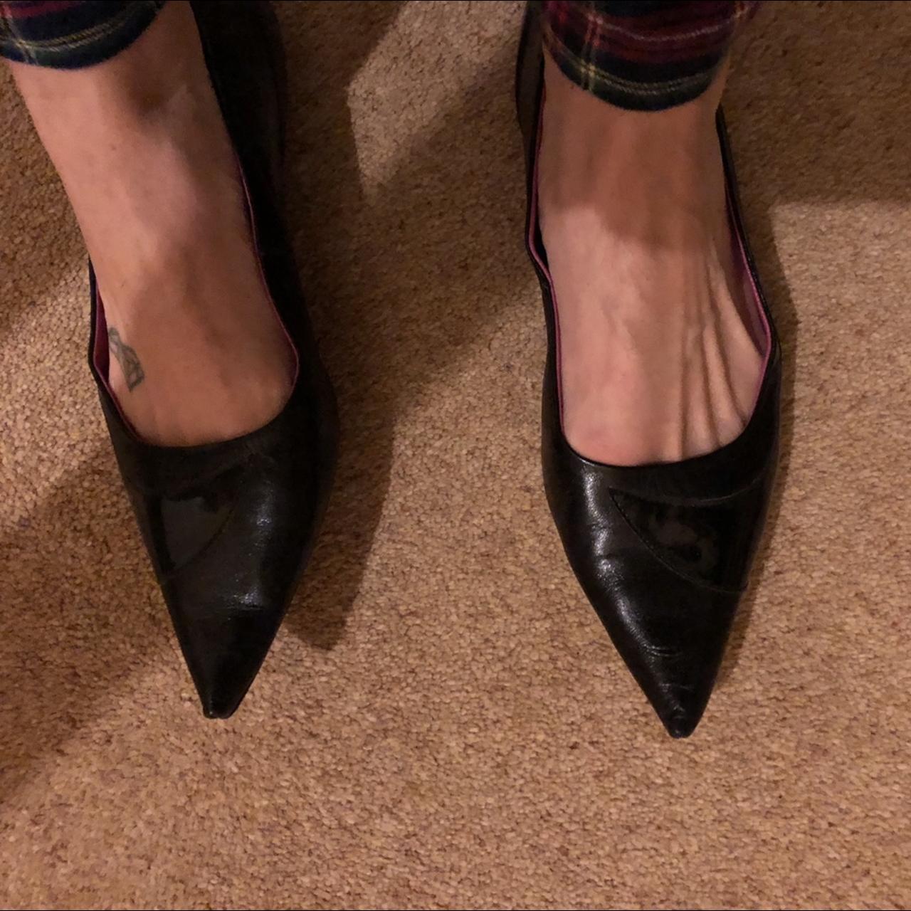 Cool vintage super pointy shoes. These black leather... - Depop