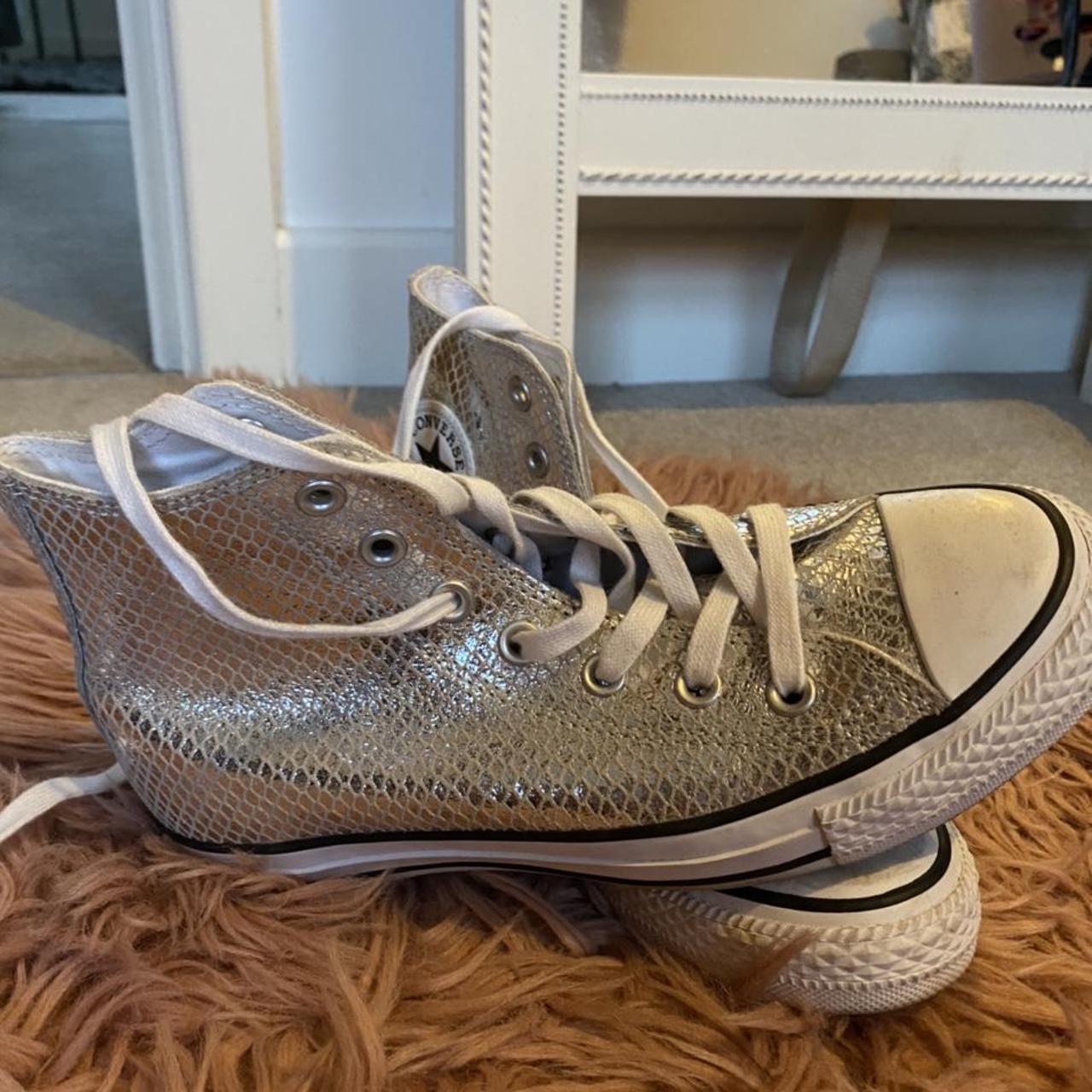 Sparkling silver high top converse. Super comfy and... - Depop