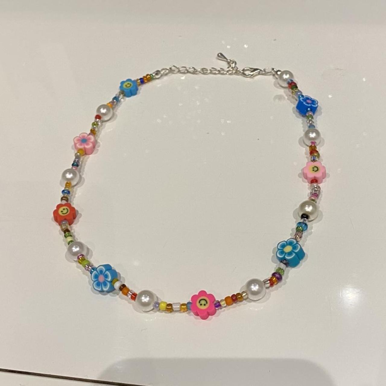 yk2 bead necklace🤍 has smiley flower enamel bead... - Depop