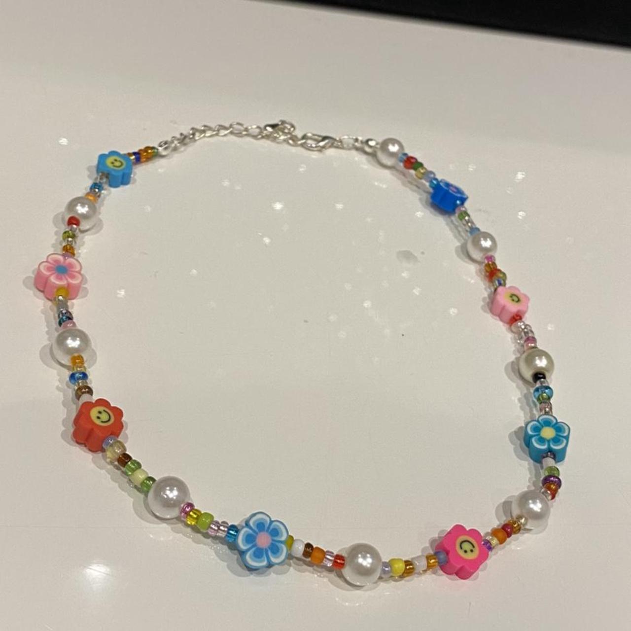 yk2 bead necklace🤍 has smiley flower enamel bead... - Depop