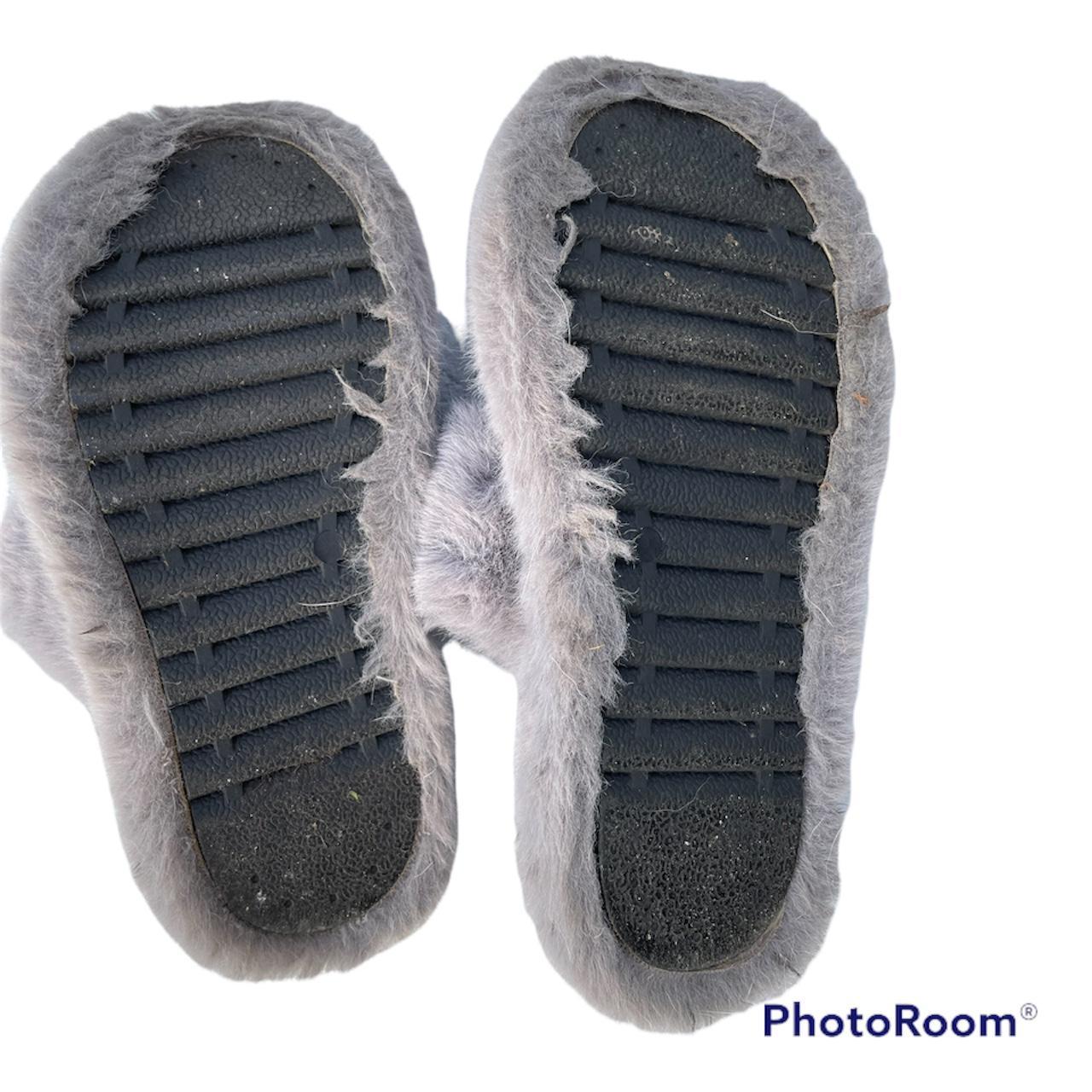 Fashion nova gray fluffy slides Size 7.5 Hard shoe... - Depop
