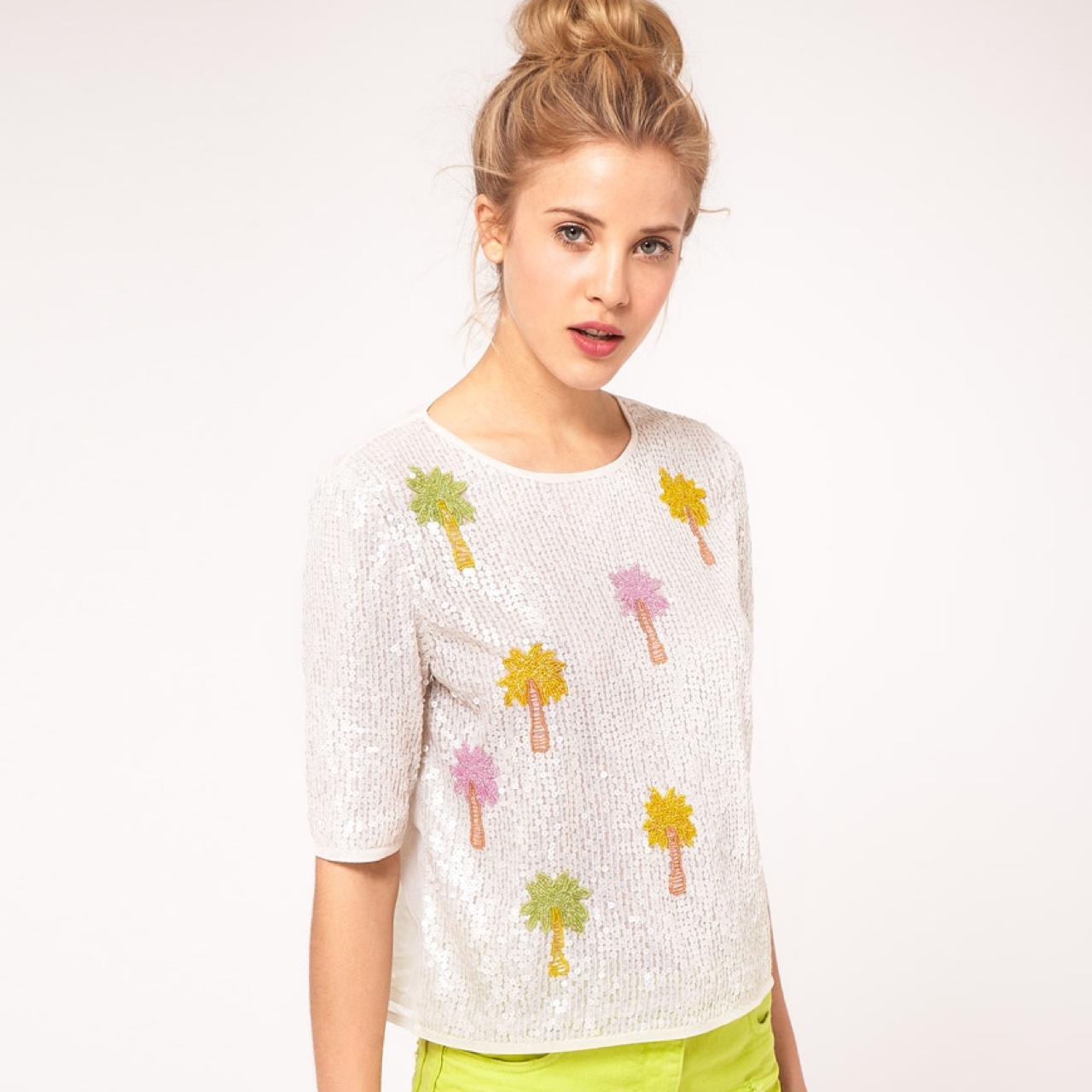 ASOS PALM TREE TROPICAL SEQUIN SHIRT. White with... - Depop