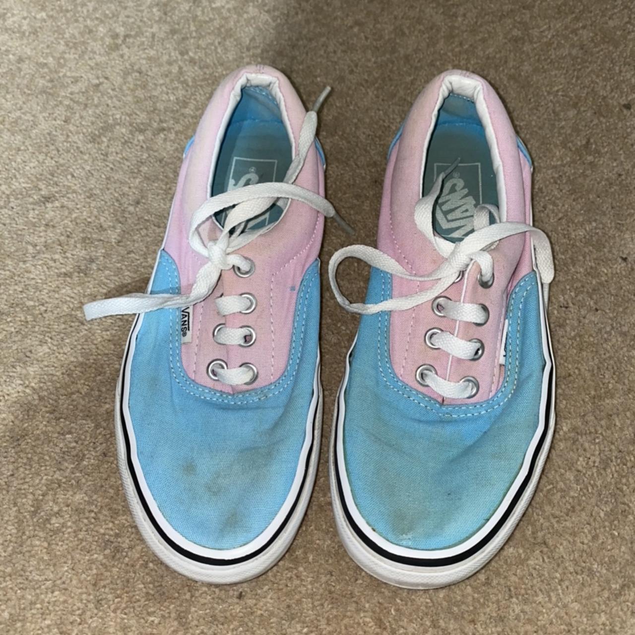 womens baby blue and pink vans. a small nick on the... - Depop