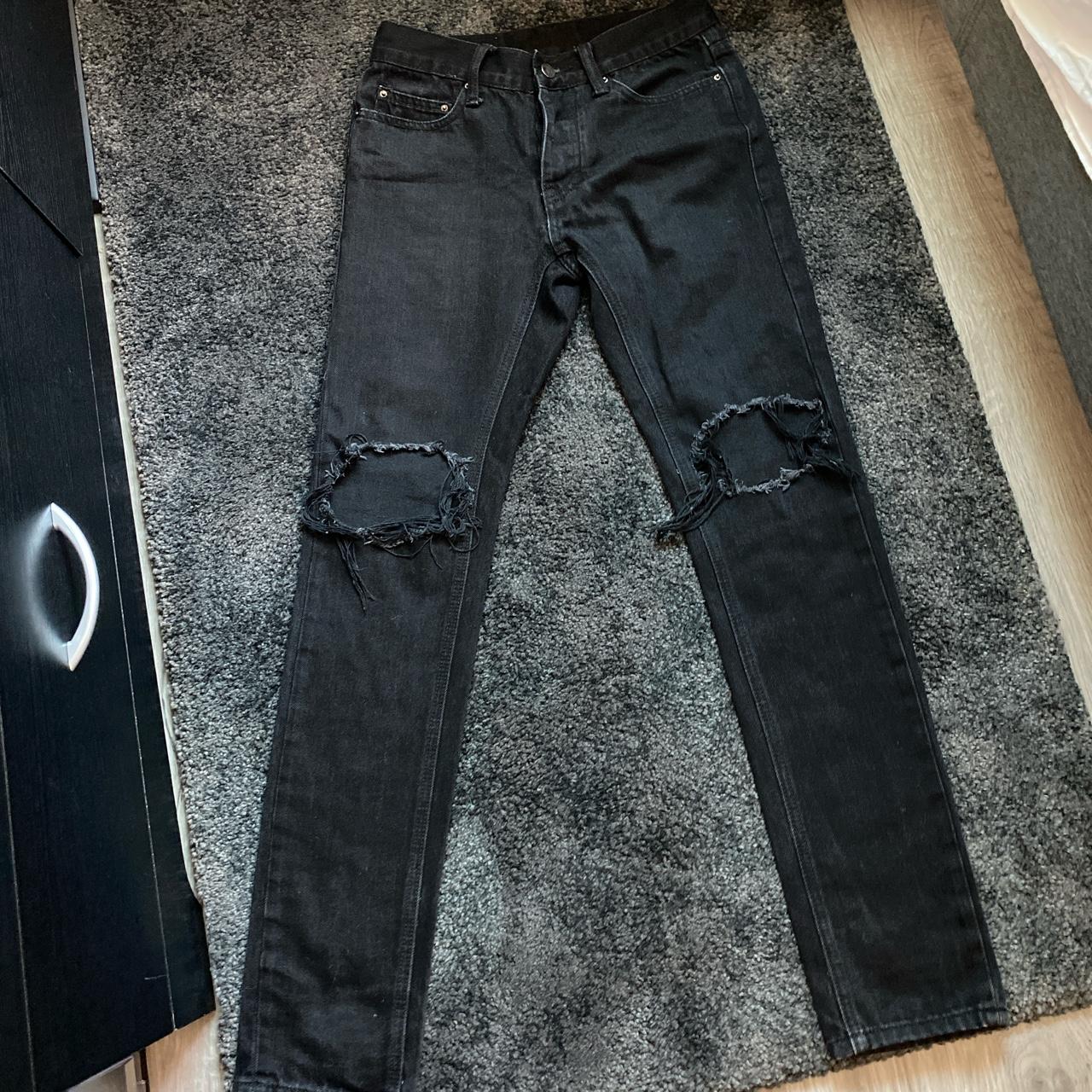 black ripped mnml jeans distressing on both knees... - Depop