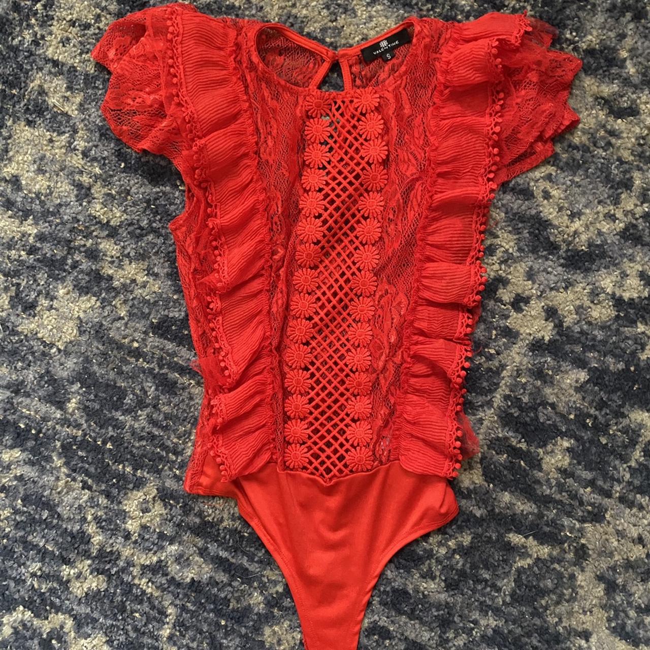 red lace bodysuit marked as size S but fits like an XS - Depop