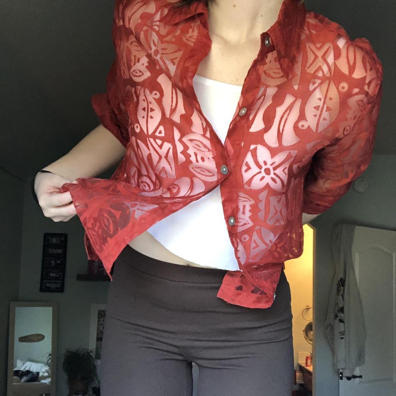vintage, red, sheer, blouse *button down* will fit... - Depop