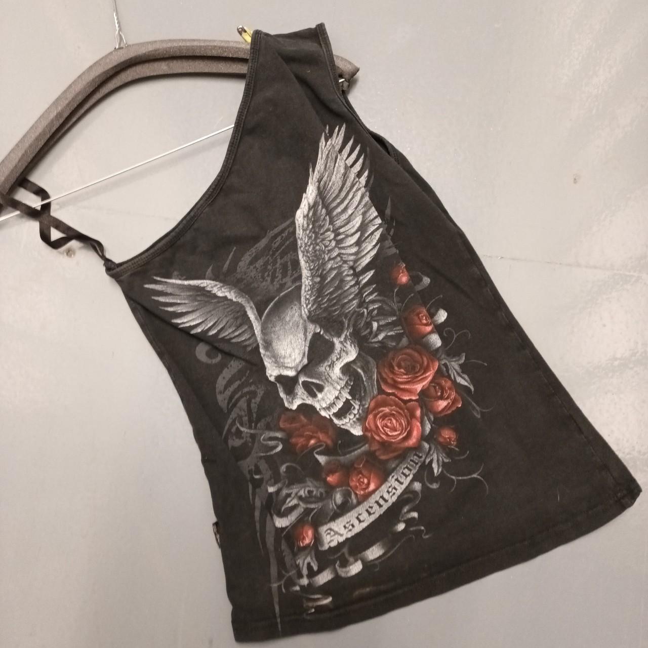 Discontinued Trad Goth Winged Skull ONE shoulder top... - Depop