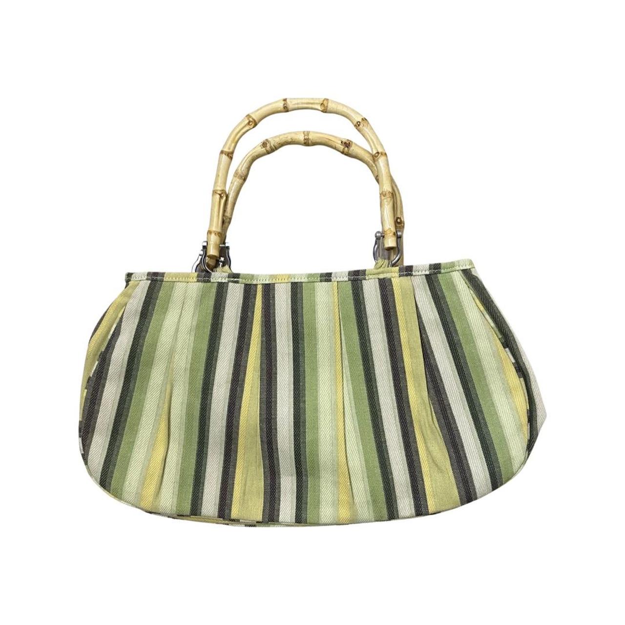 VINTAGE GREEN STRIPED PURSE WITH WOODEN HANDLES... - Depop