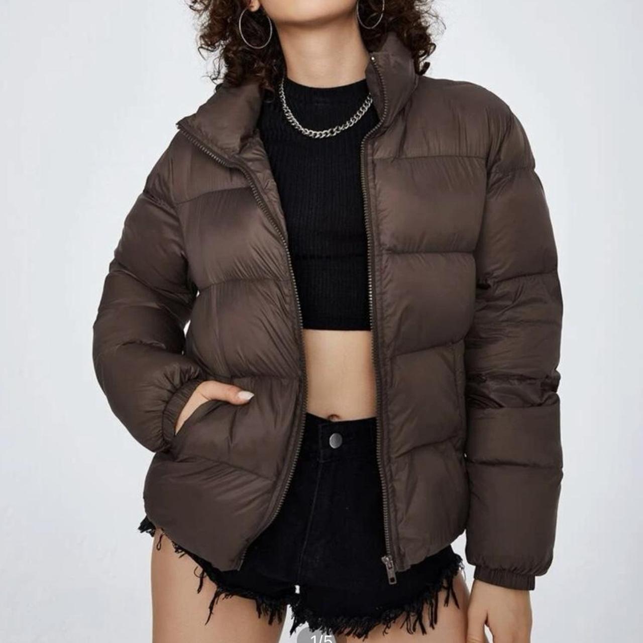 brown zip up puffer jacket size: XS fits:... - Depop