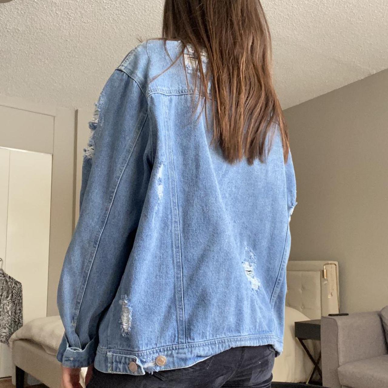 RIPPED DENIM JACKET WITH STRING DECORATION worn... - Depop