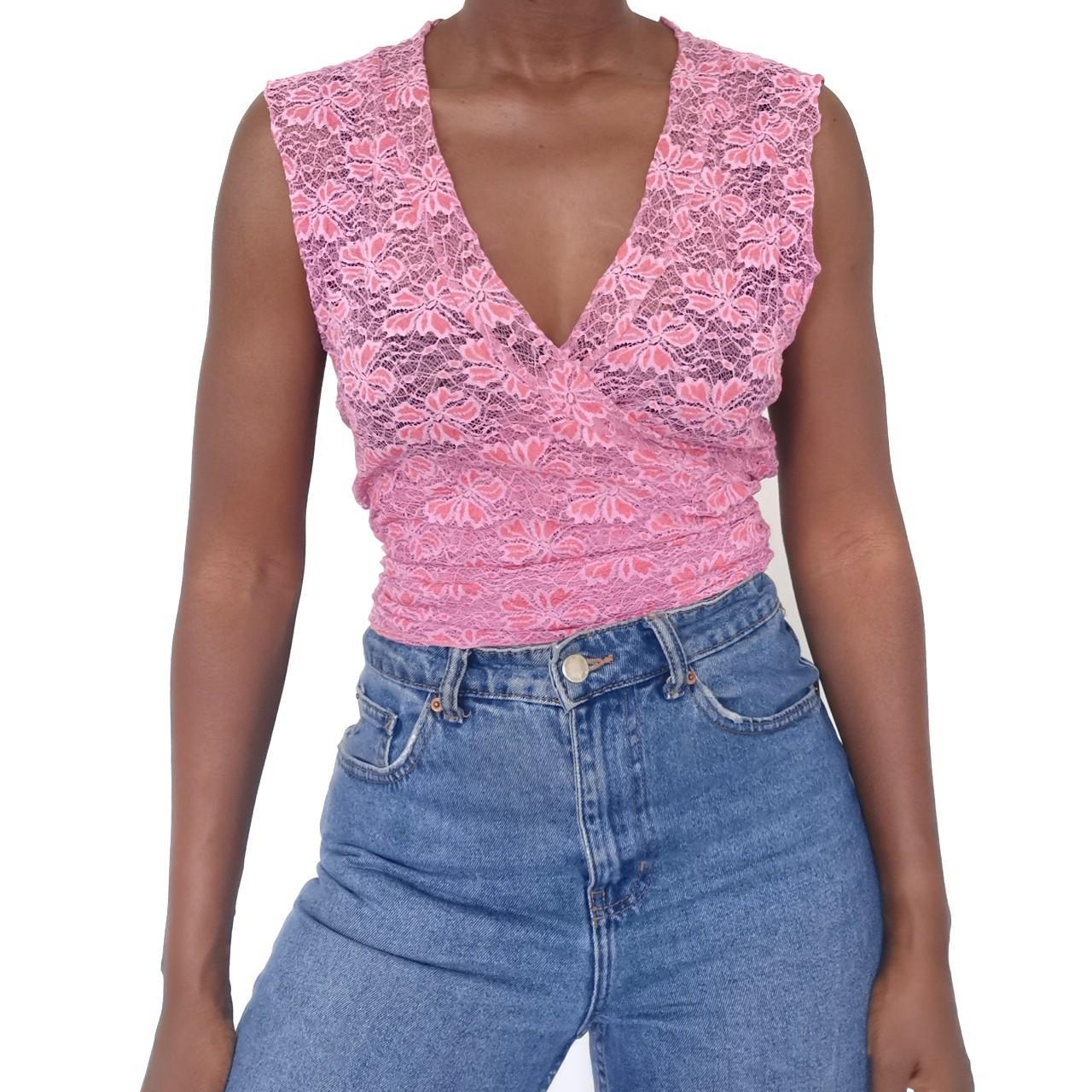 Cute lace pink top Very stretchy size 14 Model -... - Depop