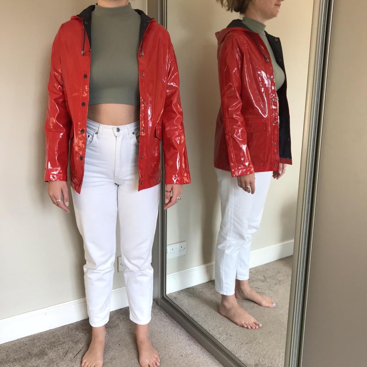 Bright red waterproof rain mac with hood and... - Depop