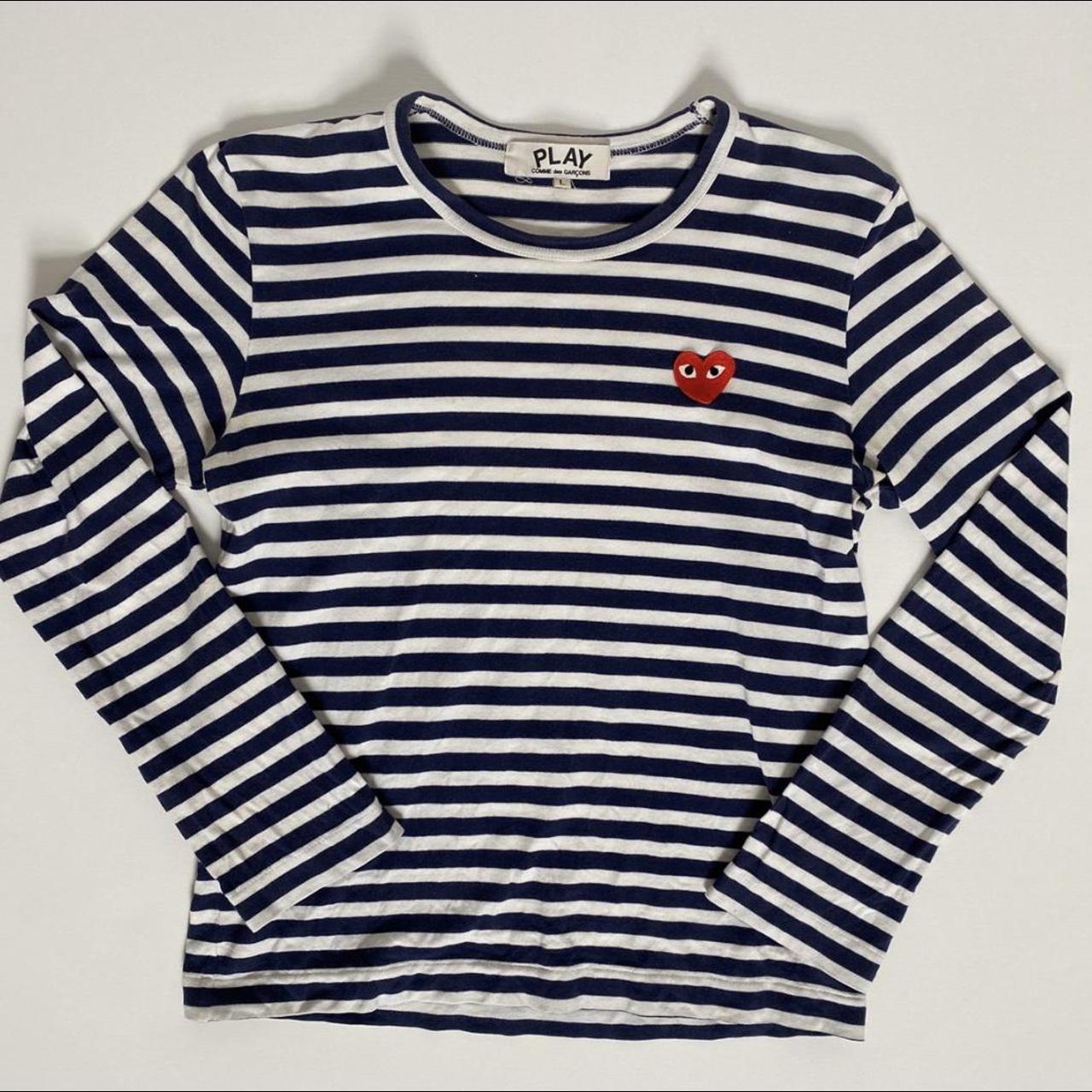 CDG classic blue & white striped shirt, womens L,... - Depop