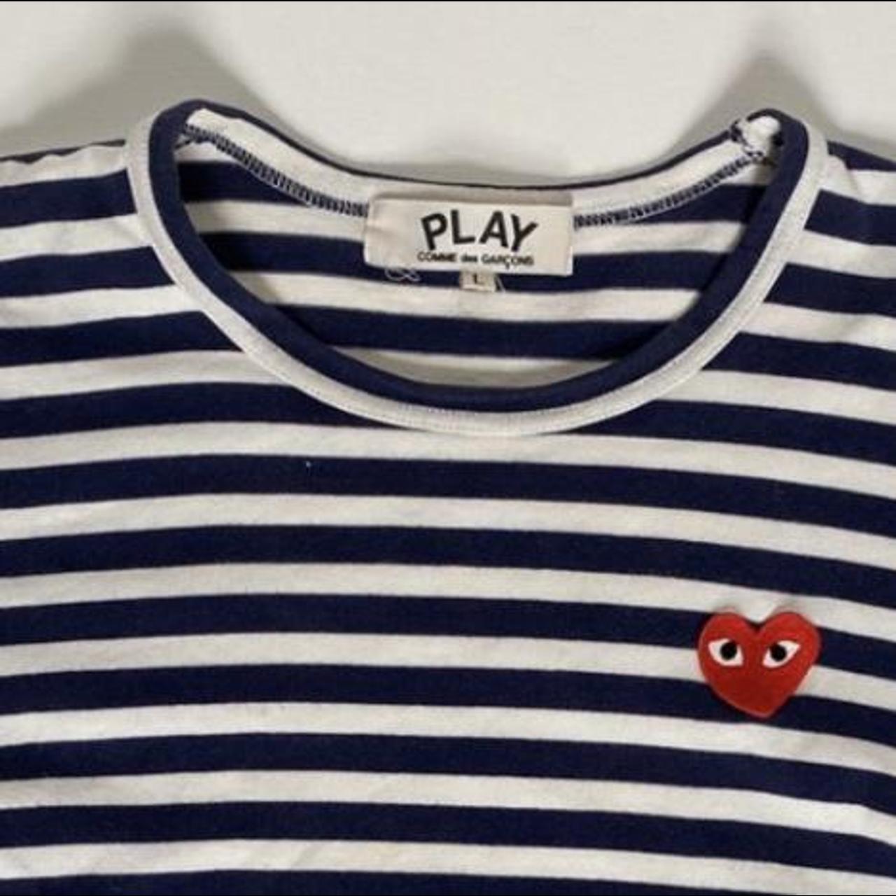 CDG classic blue & white striped shirt, womens L,... - Depop