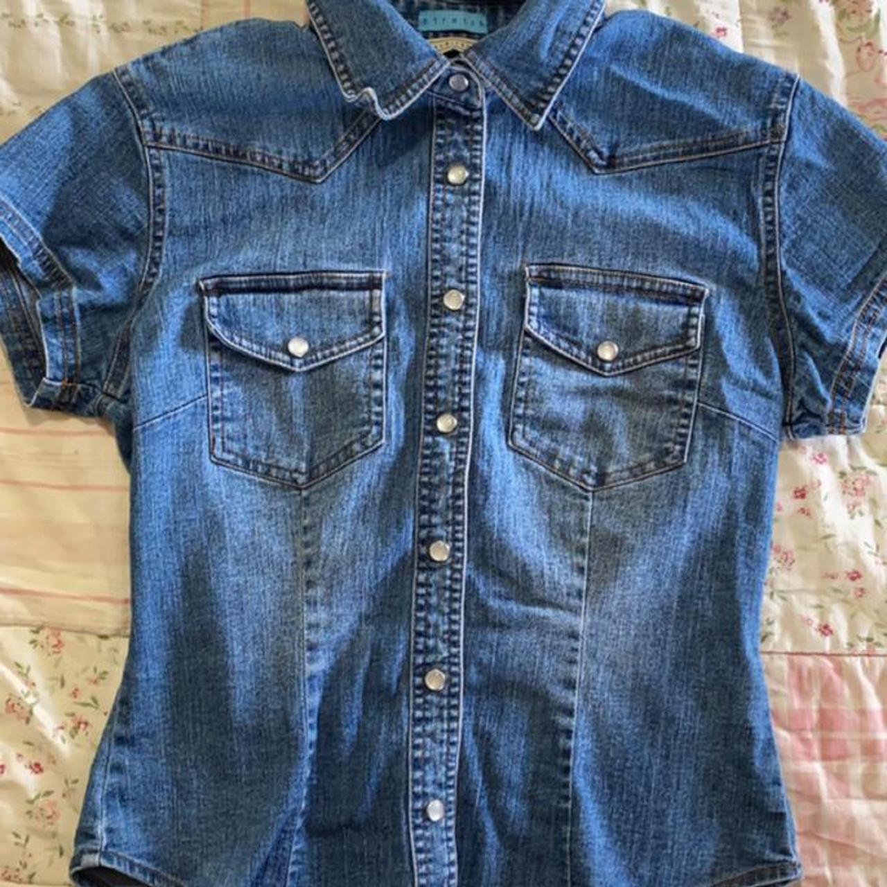 denim button up short sleeve top size:... - Depop