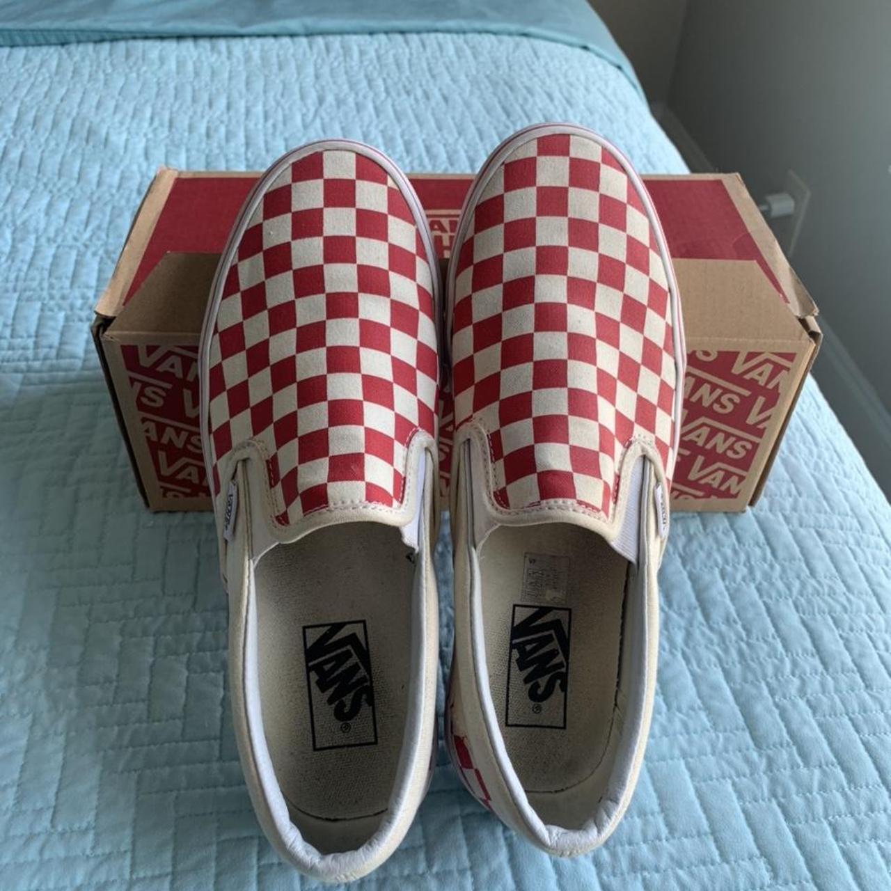 Red and white checkered Slip On Vans Used - good... - Depop