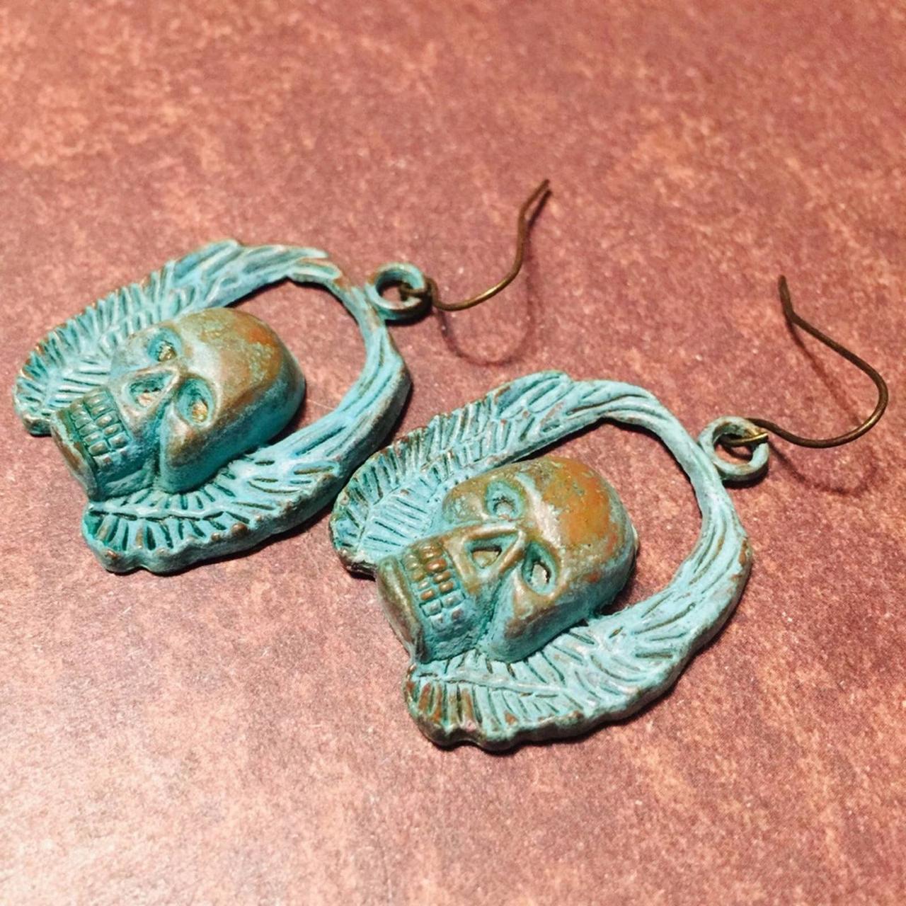 Handmade distressed verdigris patina punk skull... - Depop