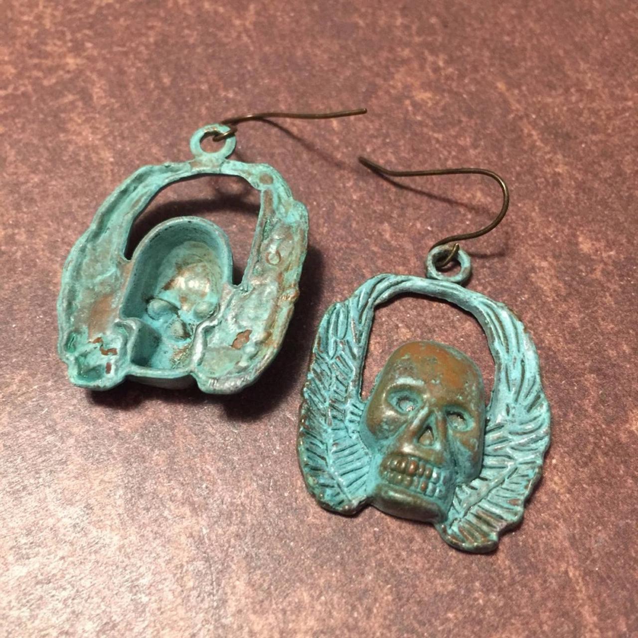 Handmade distressed verdigris patina punk skull... - Depop