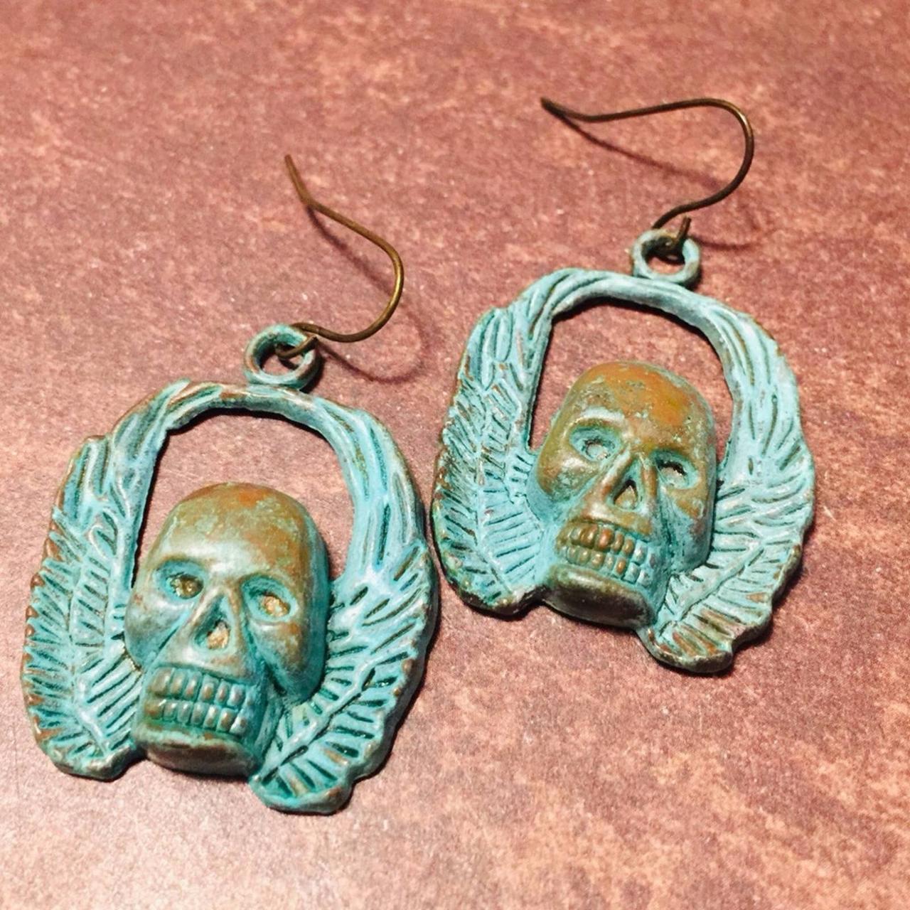 Handmade distressed verdigris patina punk skull... - Depop