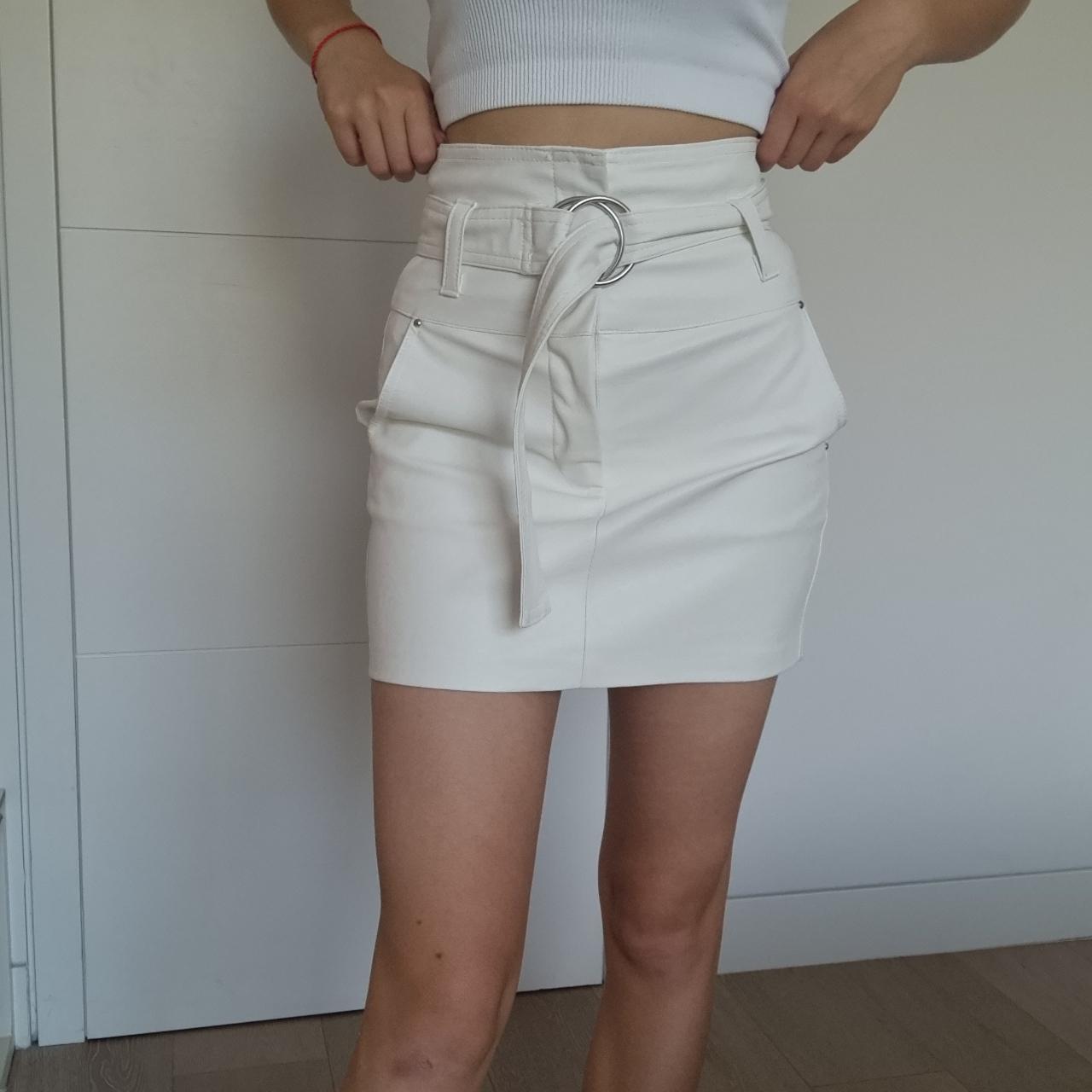 White Faux Leather Mini Skirt With A Matching Belt Depop