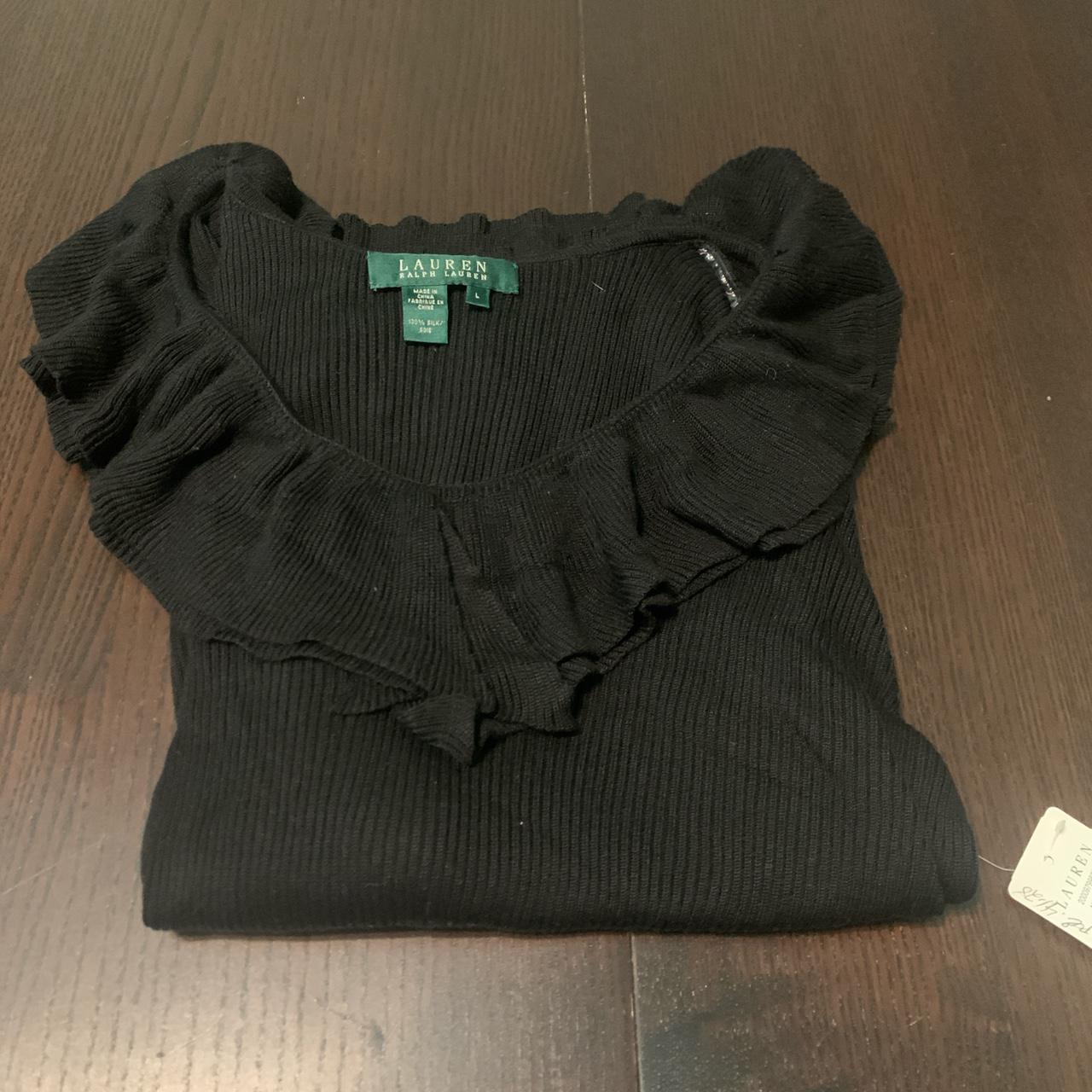 Vintage 100% silk ribbed ruffle black sweater... - Depop