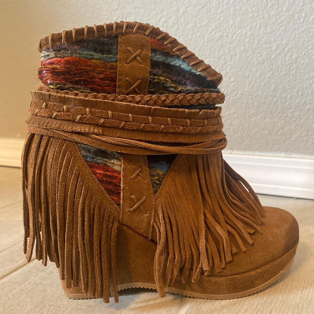 Suede leather fringe cowboy moccasin booties with a... | Depop