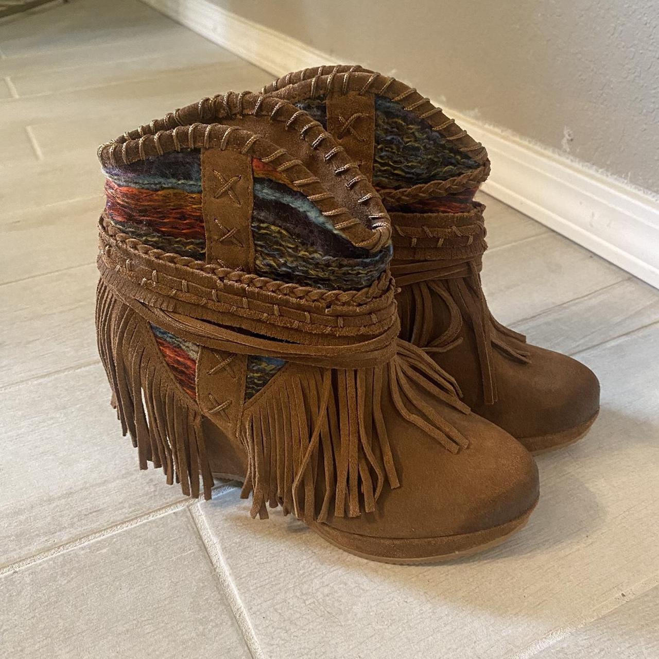 Suede leather fringe cowboy moccasin booties with a... | Depop
