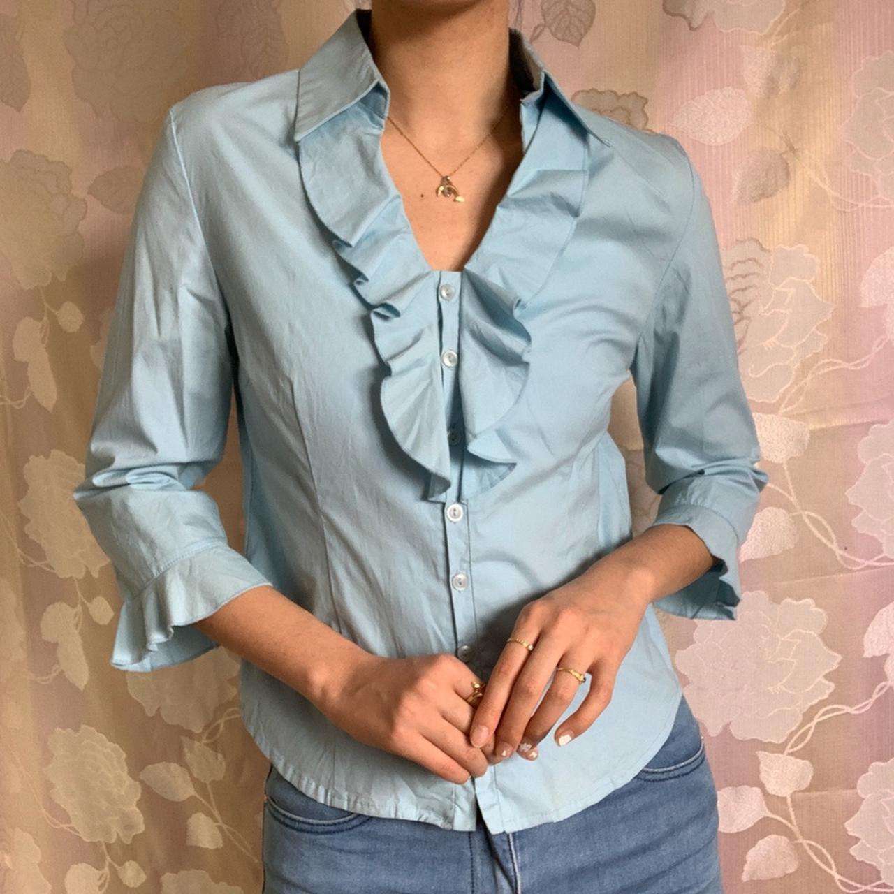 Ruffled Button Down Collared Blouse Baby blue... - Depop