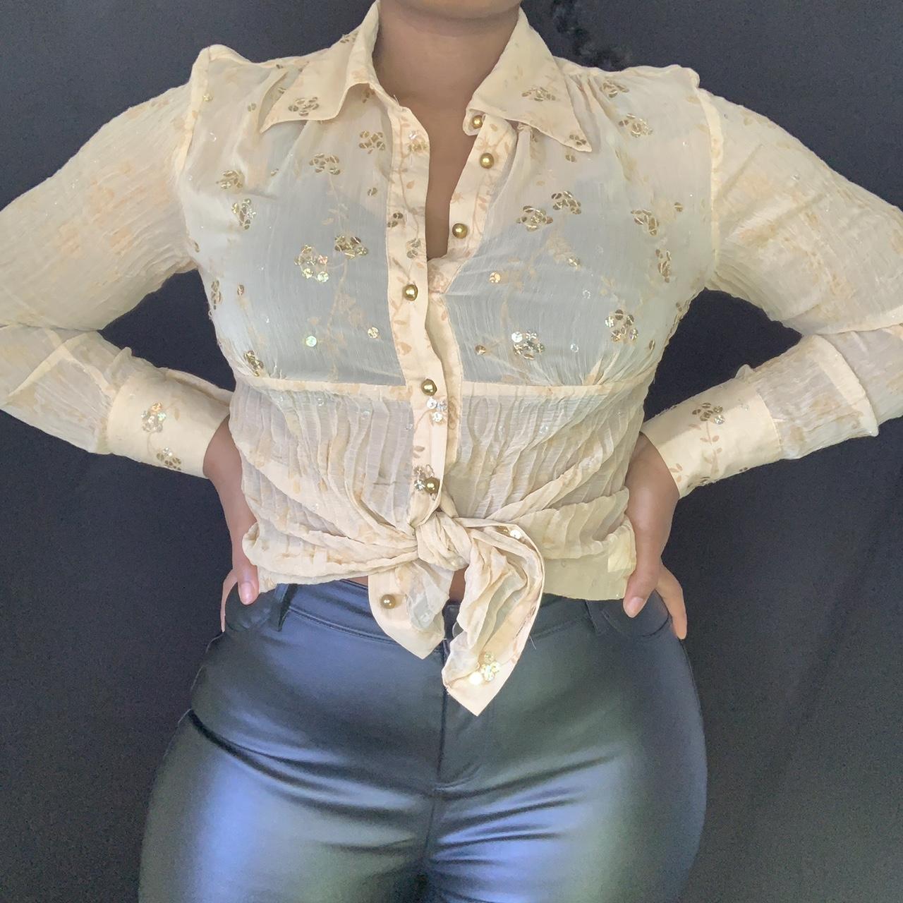 Beautiful vintage dainty button up sequin gold top!... - Depop