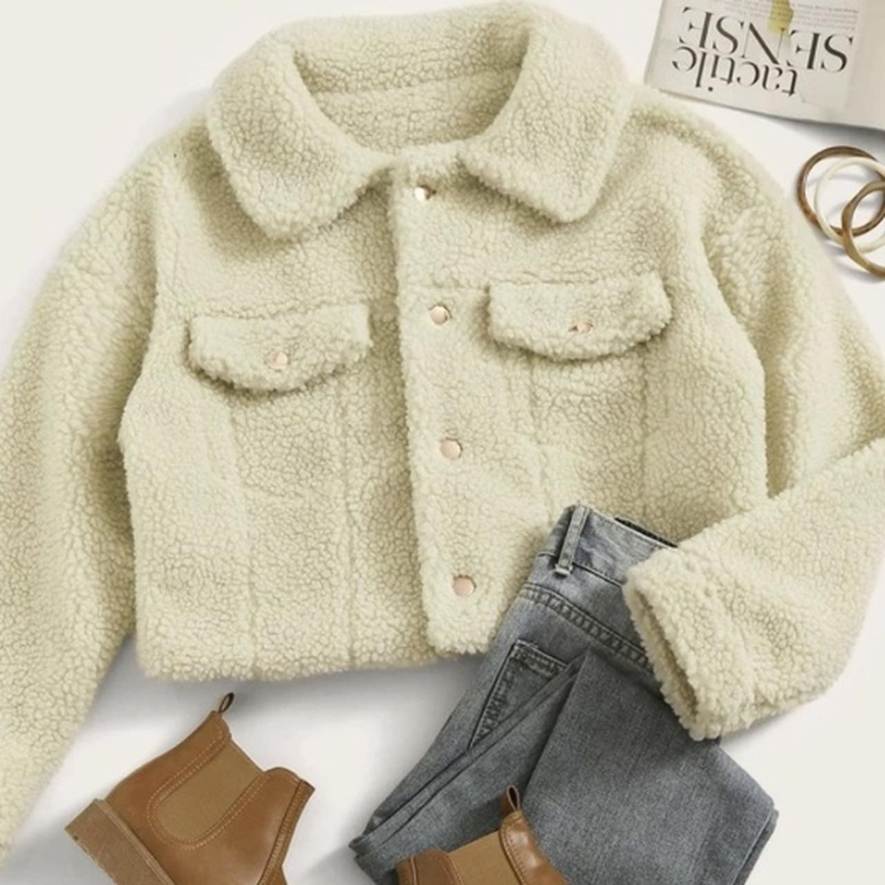 Gold button teddy trucker jacket in cream teddy... - Depop