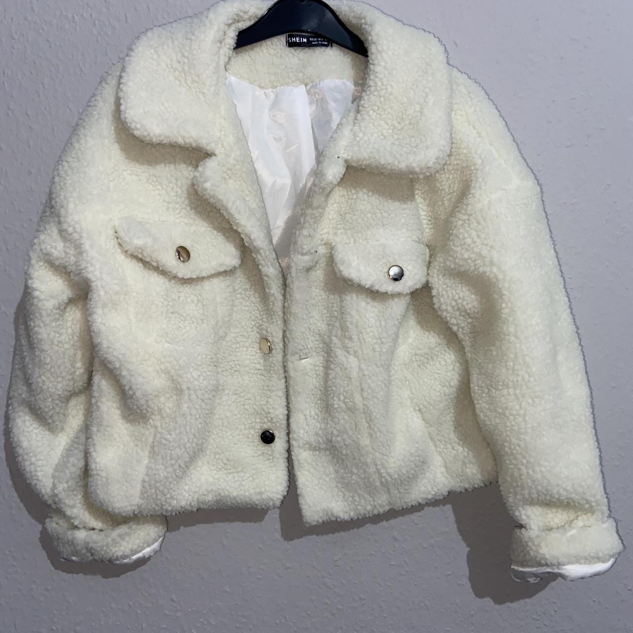Gold button teddy trucker jacket in cream teddy... - Depop