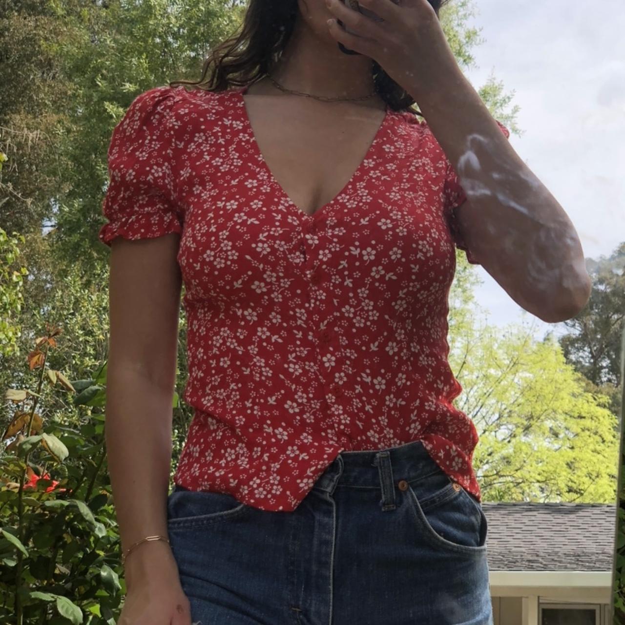 reformation button up red floral top barely worn so... - Depop