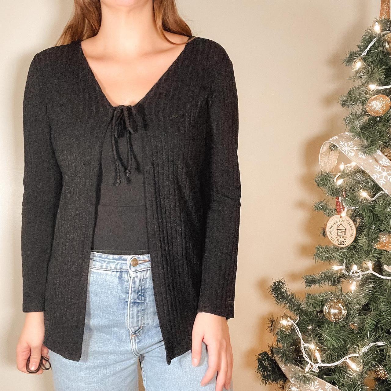 Black Ribbed Sweater with Tie-front -size Large... - Depop