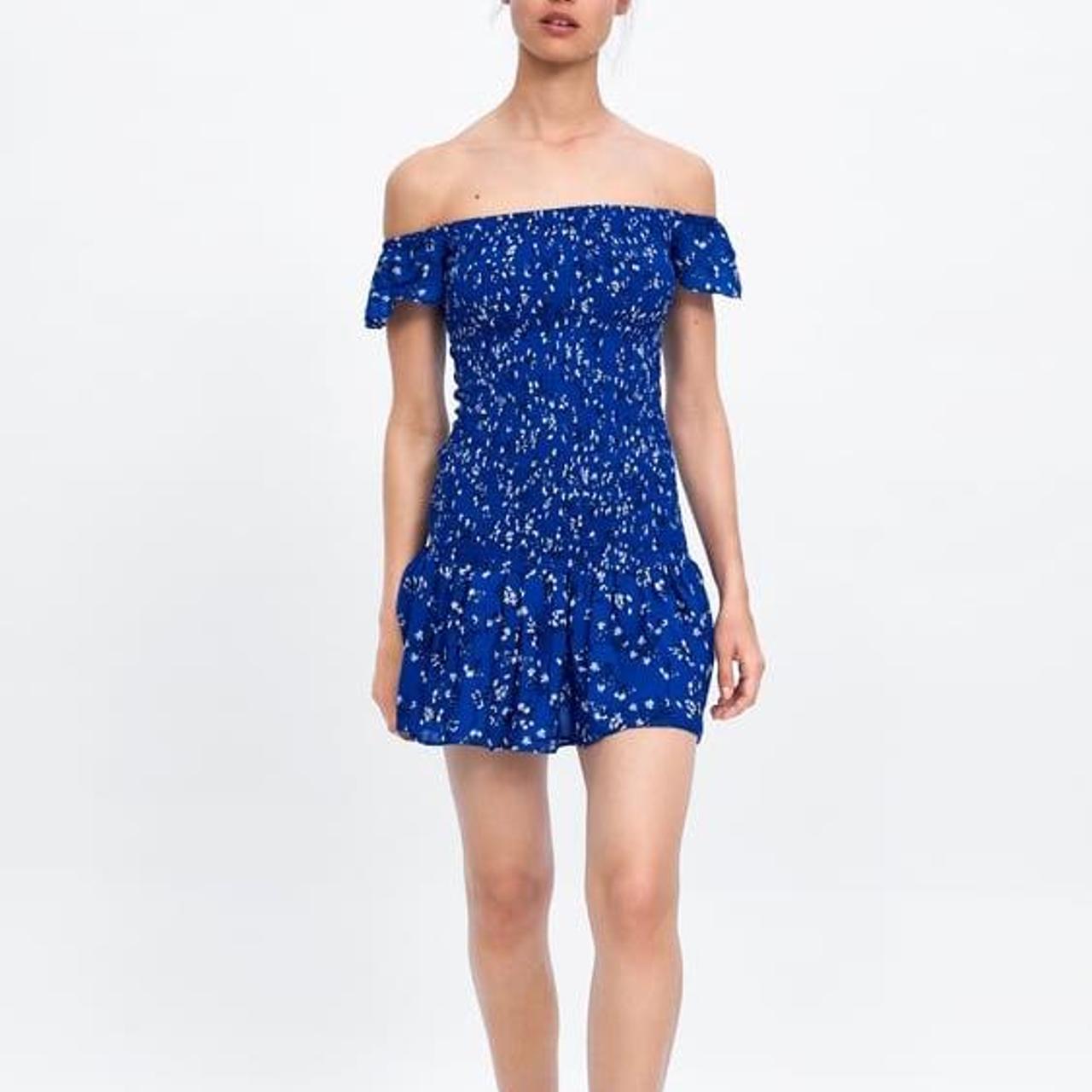 Zara Blue Floral Ruched Mini Dress Size S Worn... - Depop