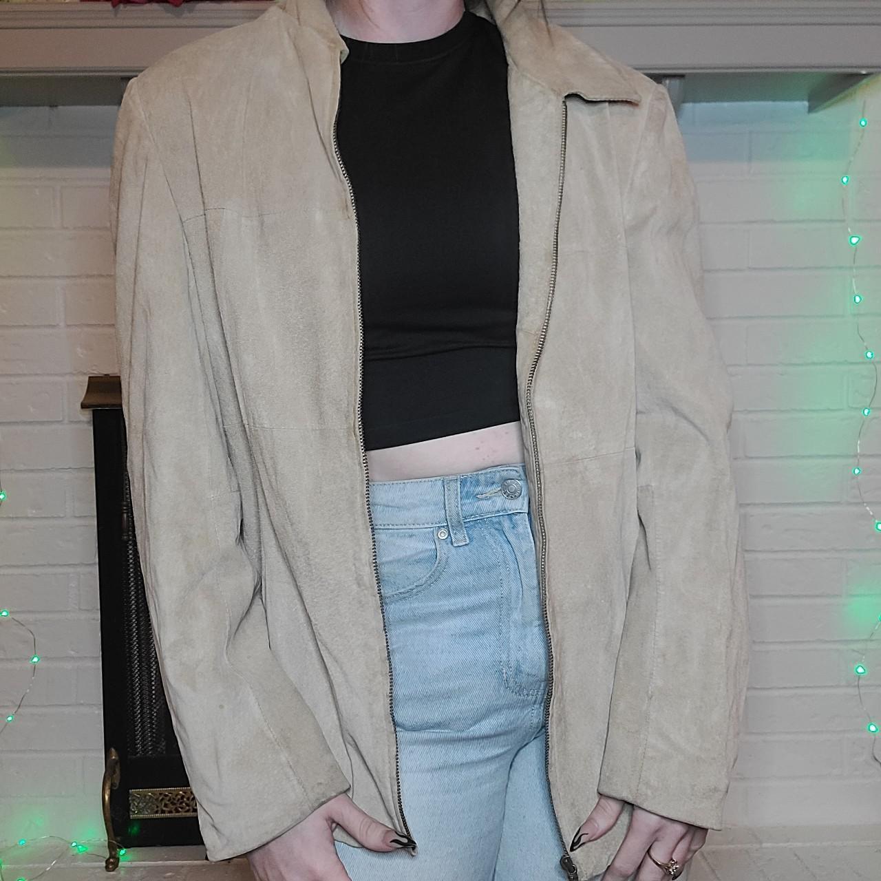 Leather Zip up Jacket Cream pig suede jacket with... - Depop