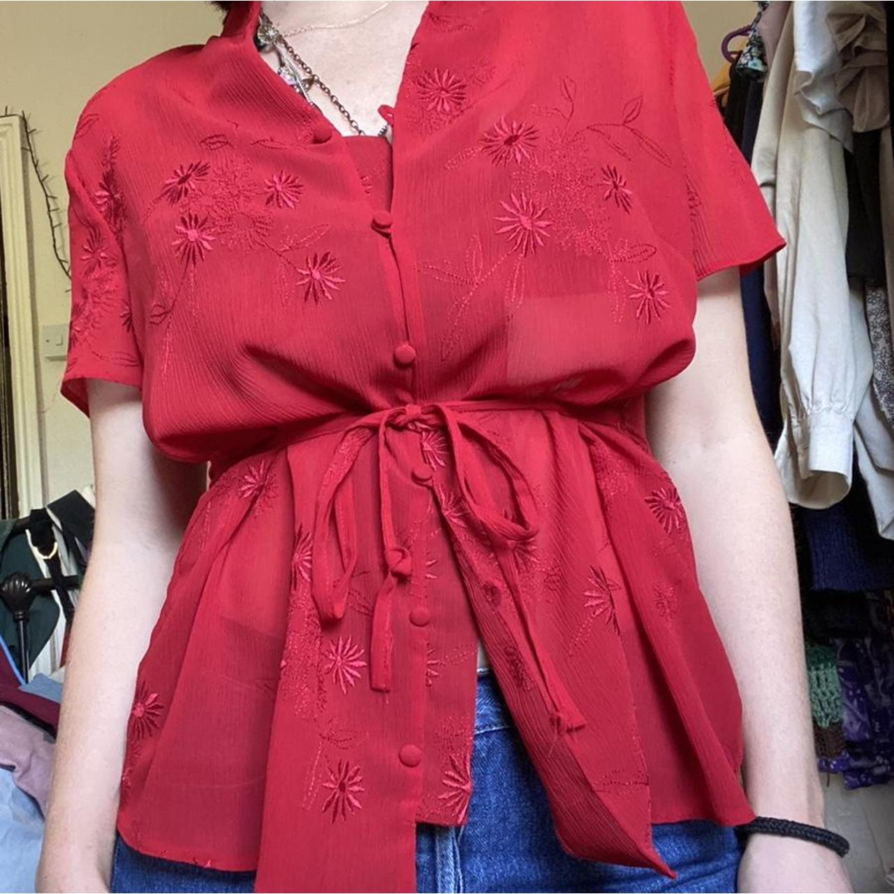 sheer red embroidered blouse with tie waist - can be... - Depop
