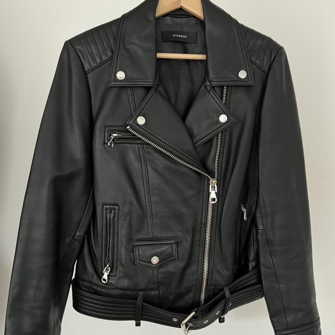 Uterque biker jacket in black leather and silver... - Depop
