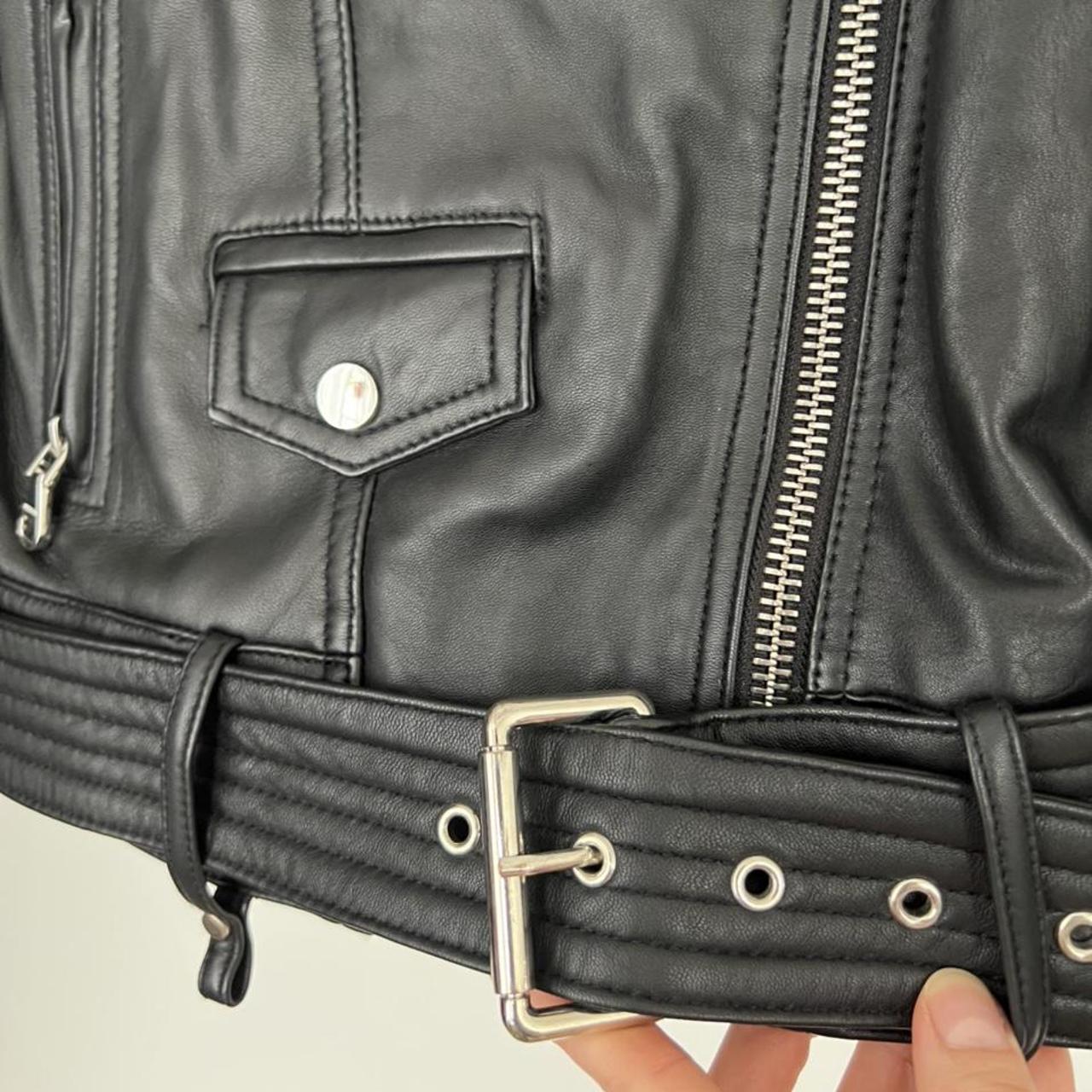 Uterque biker jacket in black leather and silver... - Depop