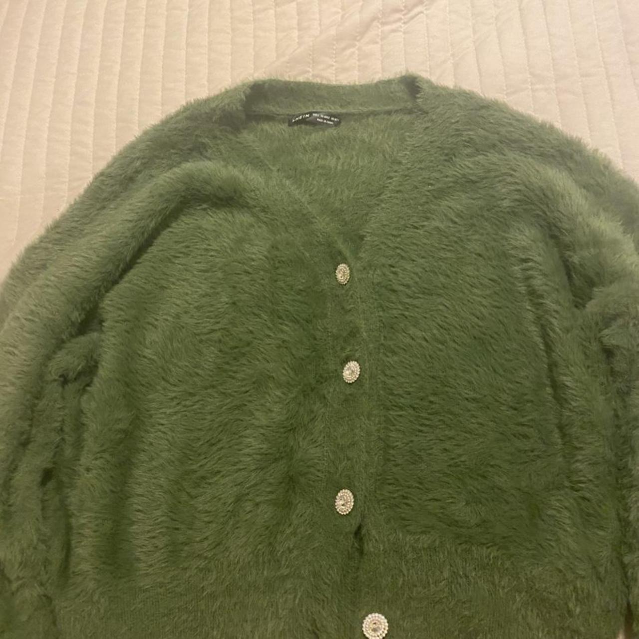 Green, fuzzy material, button-up cardigan from SHEIN... - Depop