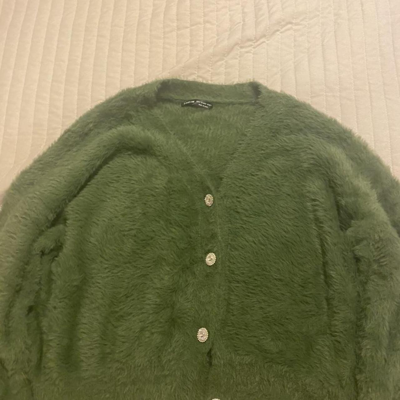 Green, fuzzy material, button-up cardigan from SHEIN... - Depop