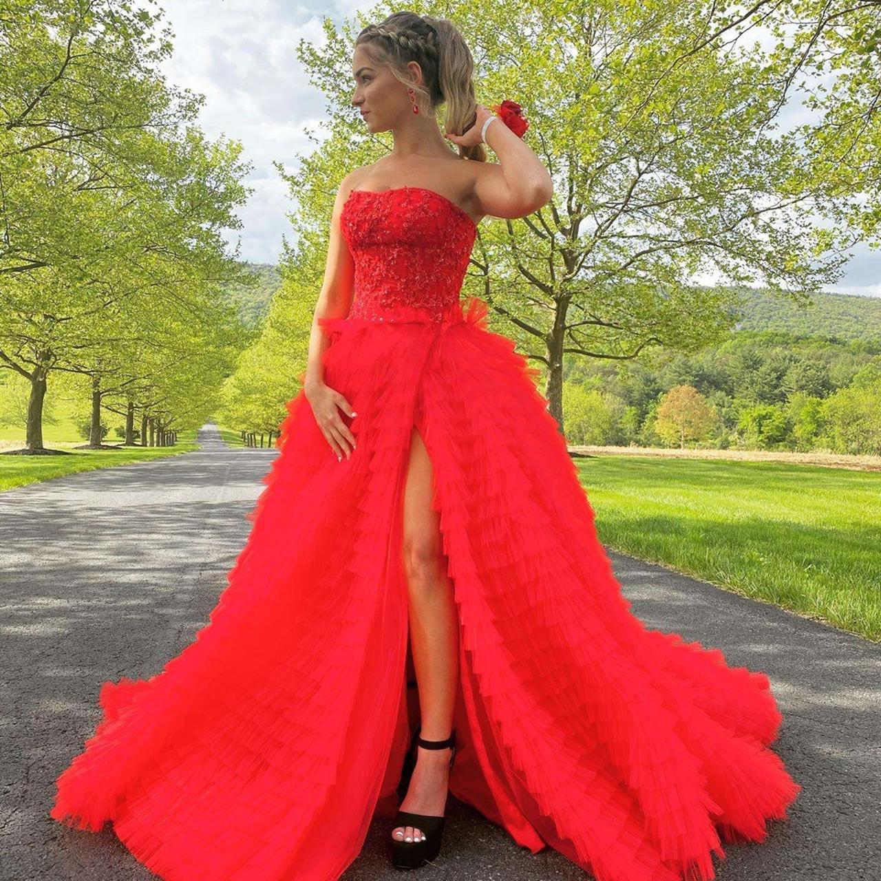 Sherri Hill red corset top, ruffle ball gown prom... - Depop
