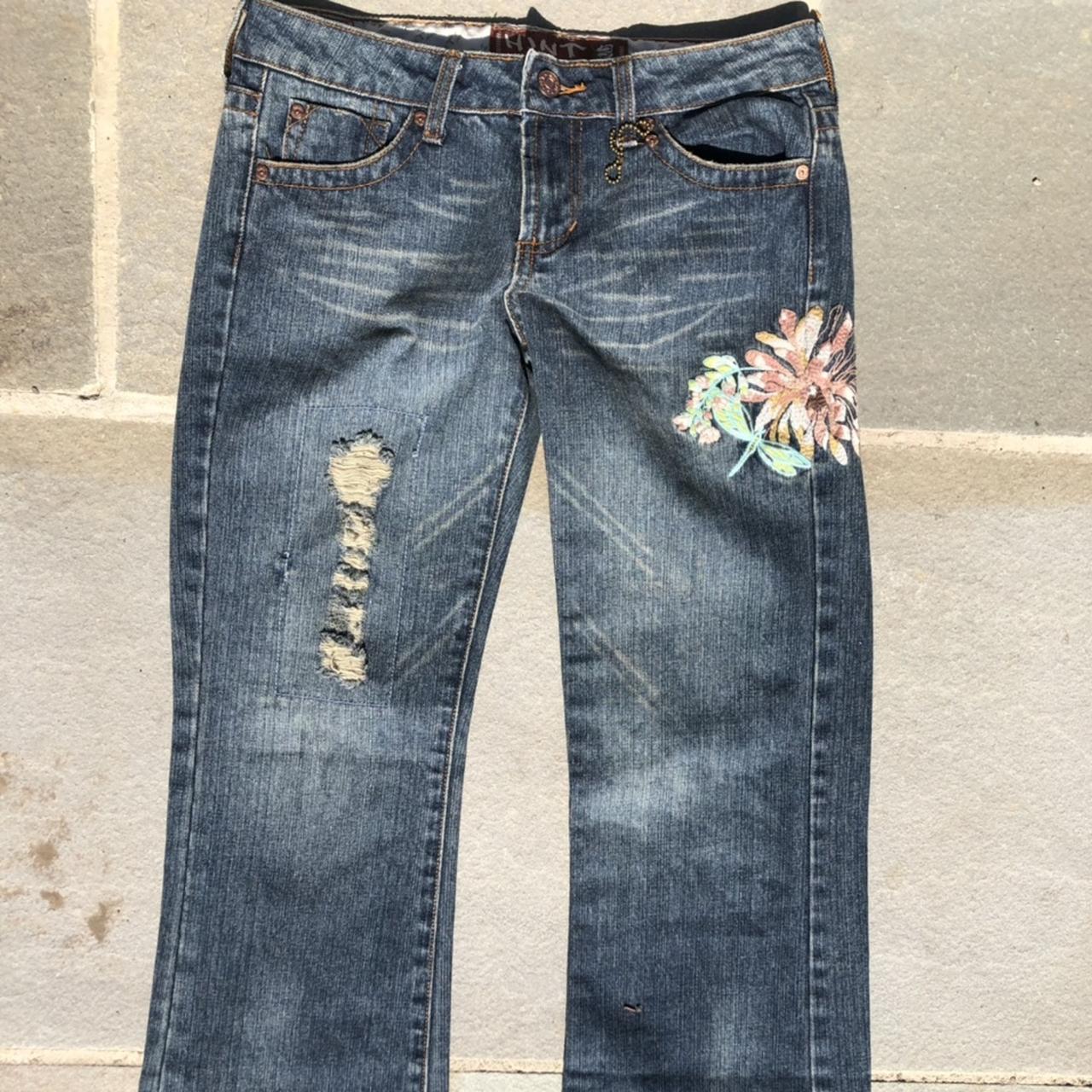 VINTAGE LOW RISE JEANS floral patch on the side no... - Depop