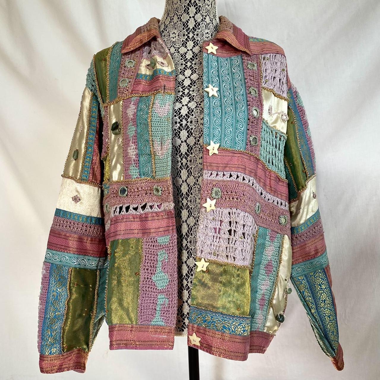 Patchwork woven jacket with precious stones and star... - Depop