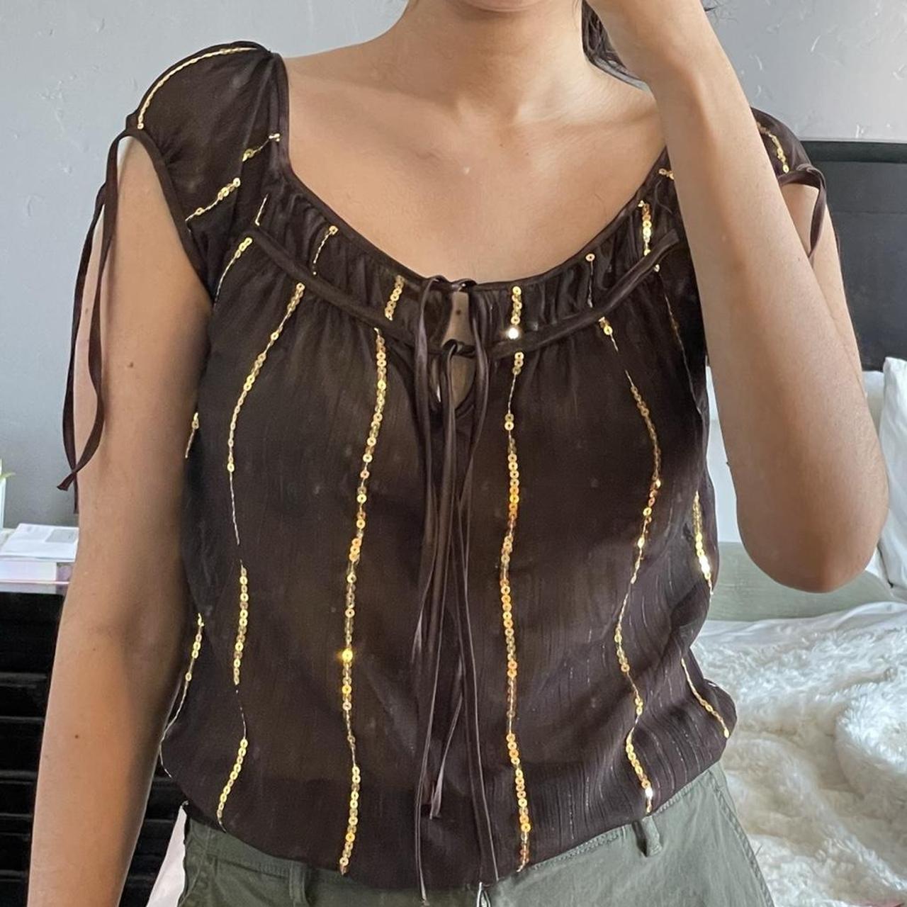 Y2K brown sheer top with gold sequins Can we worn... - Depop