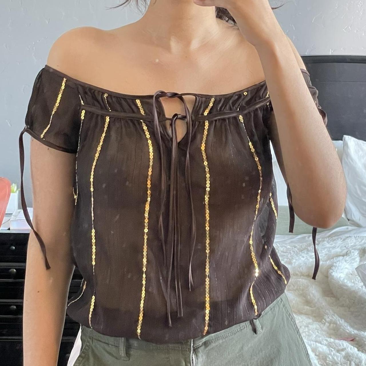 Y2K brown sheer top with gold sequins Can we worn... - Depop